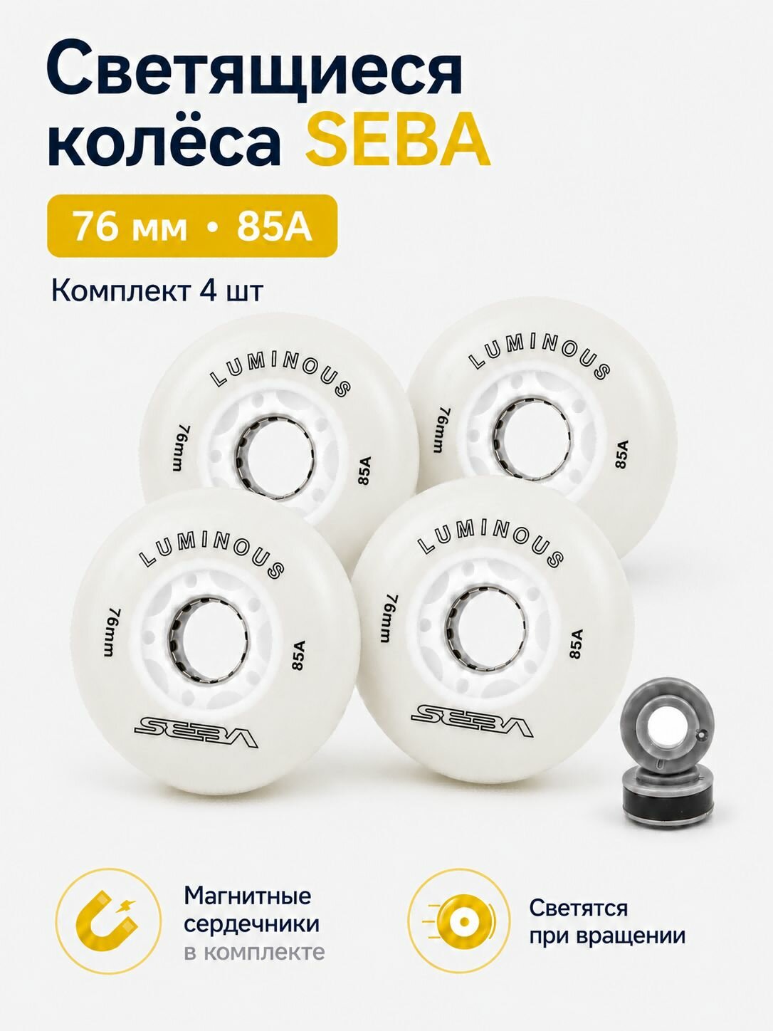 Колеса для роликов светящиеся Seba Luminous белое-76mm/85A 4шт светящиеся колеса для роликовых коньков 76mm 85A белые