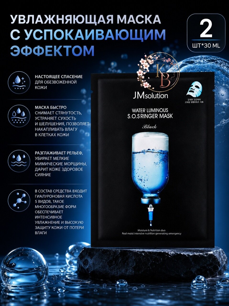 Увлажняющая маска с 5 видами гиалуроновой кислоты JMsolution Water Luminous SOS Ringer Mask Black 2 шт*30 ml