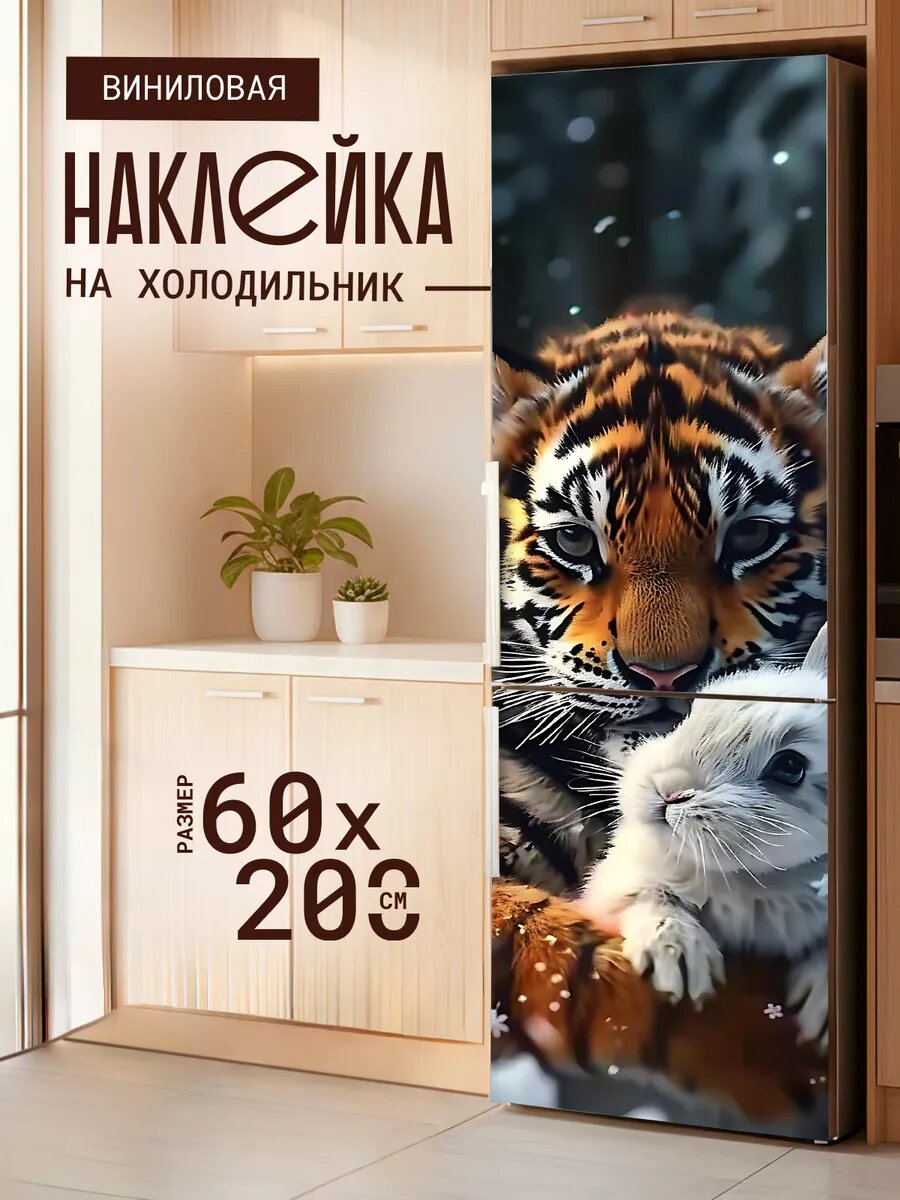 Наклейка декор на холодильник Тигренок с кроликом 60х200 см