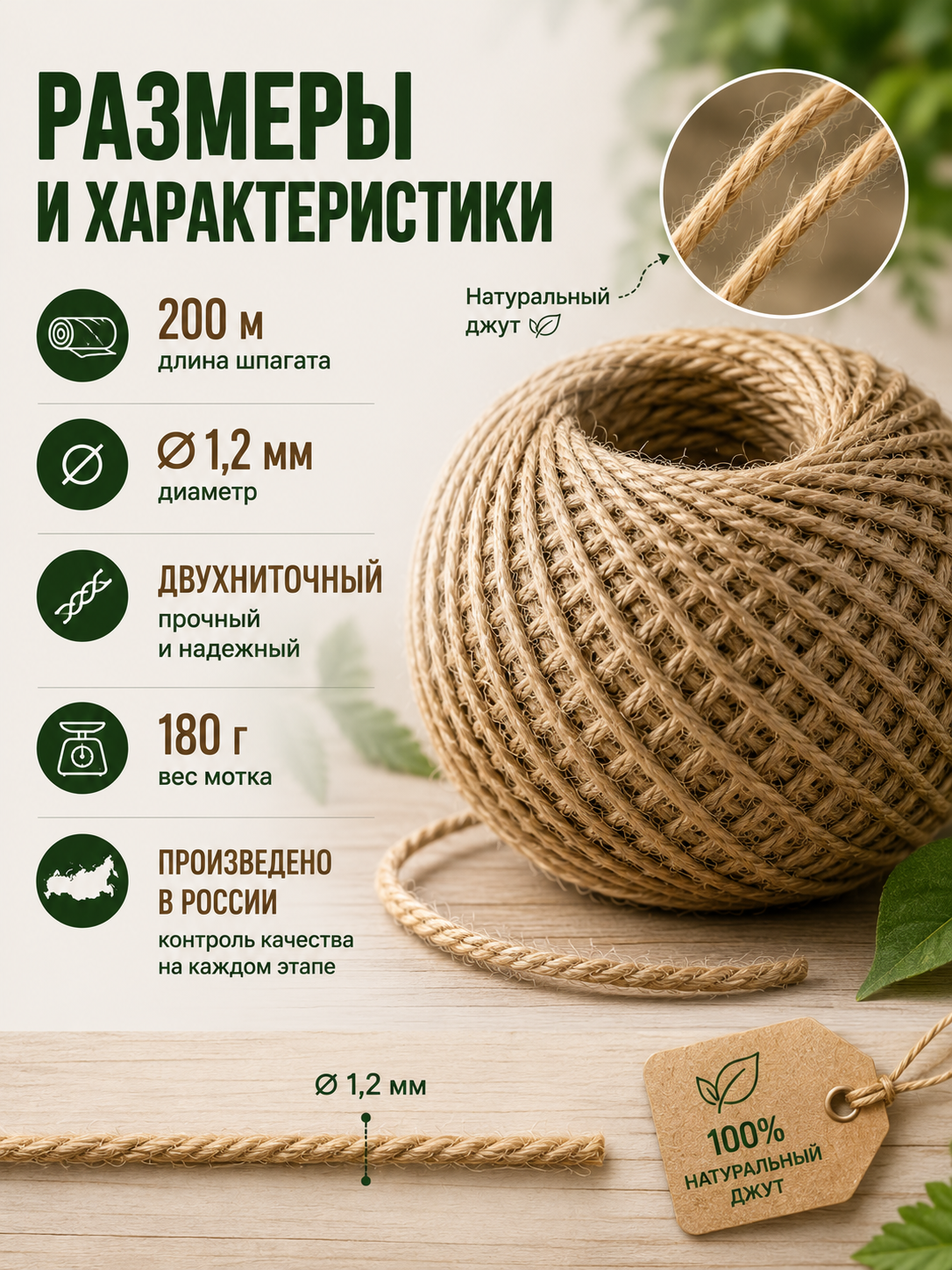 Шпагат джутовый 200 м для подвязки растений