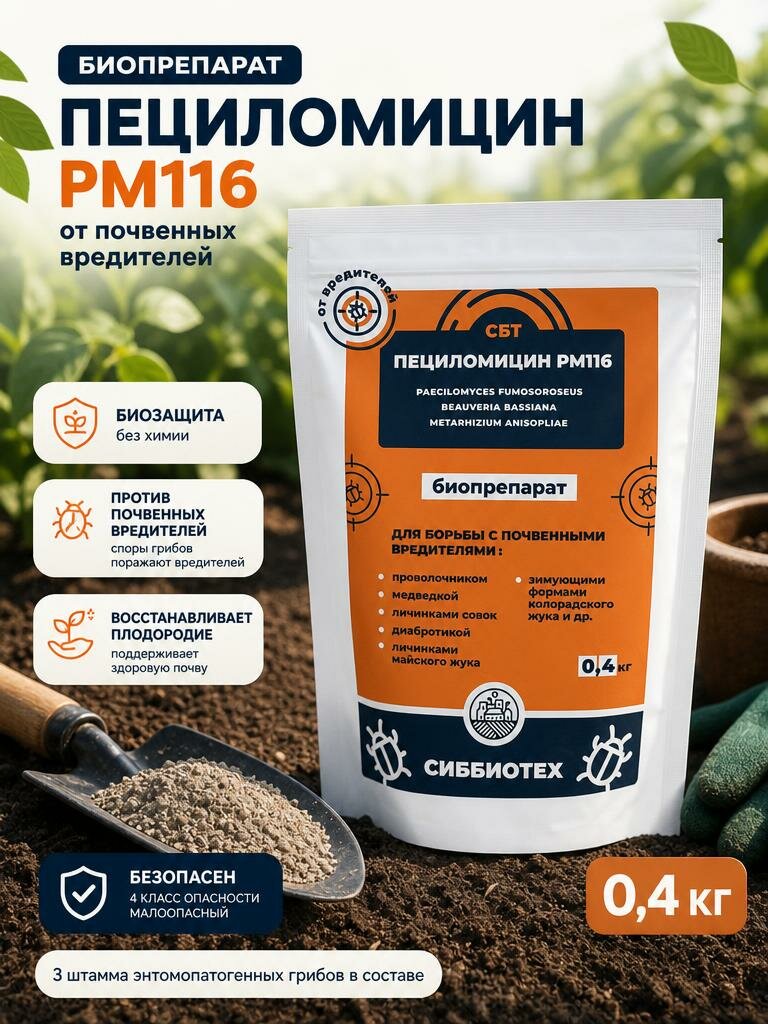 Биоинсектицид сиббиотех "Пециломицин", против почвенных вредителей, 400г
