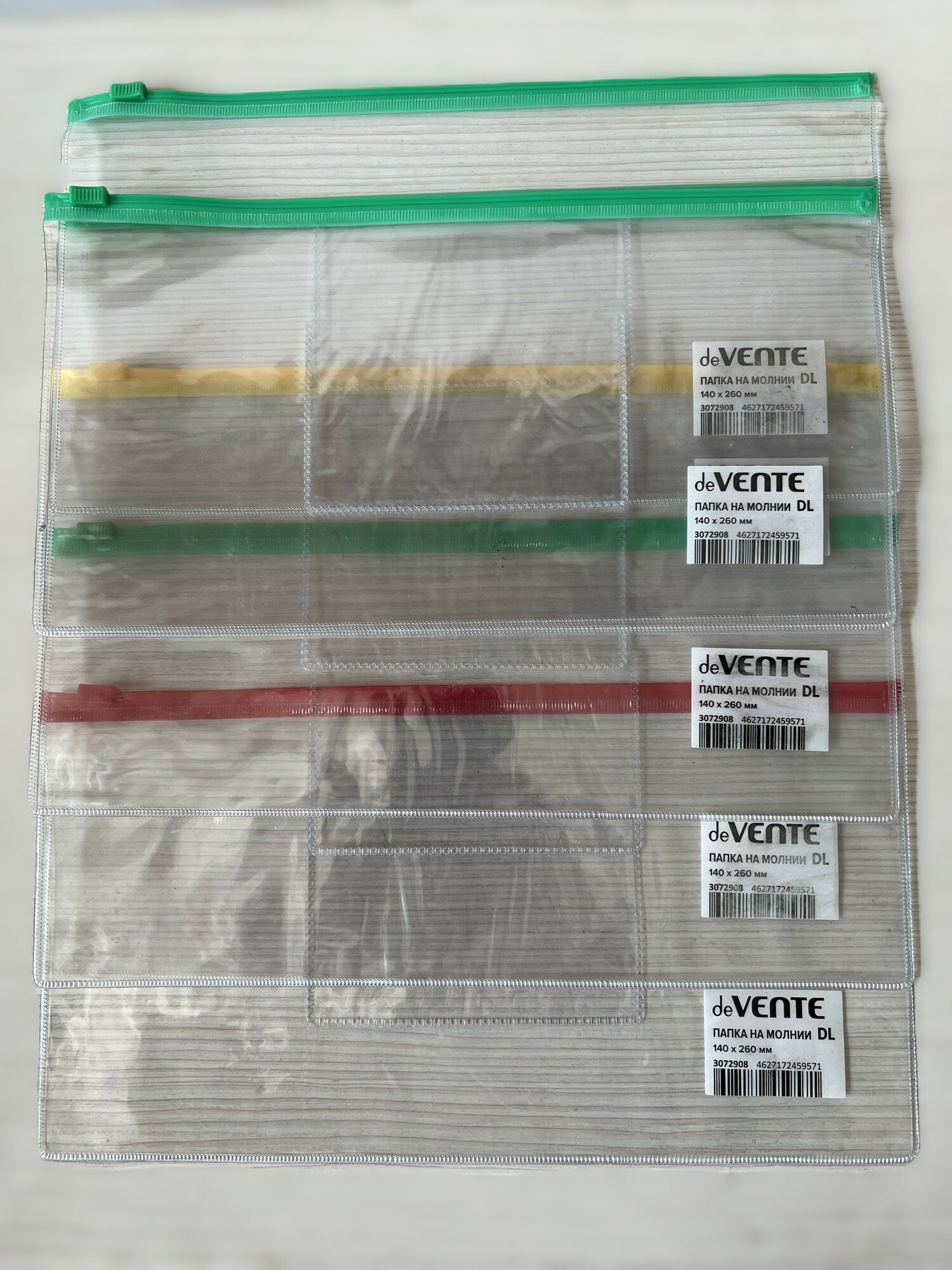 Папки De Vente, на молнии, с карманом, прозрачные, 14 см x 26 см, 6 штук