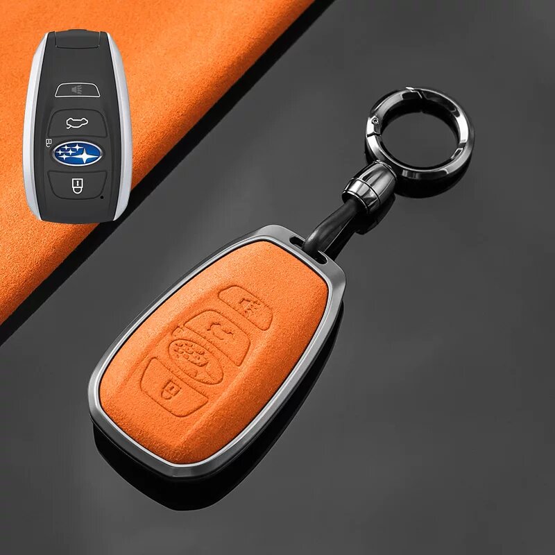 Ключ-кольцо для Subaru - Патинированный алюминиевый сплав с оранжевой замшей и удобным замком для автомобильных ключей