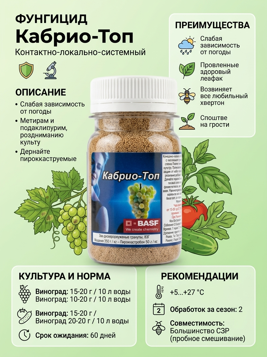 Cabrio top, Контактно-локально-системный фунгицид с максимальным спектром защиты и лечения болезней винограда и овощных культур, 100 грамм — фото 1