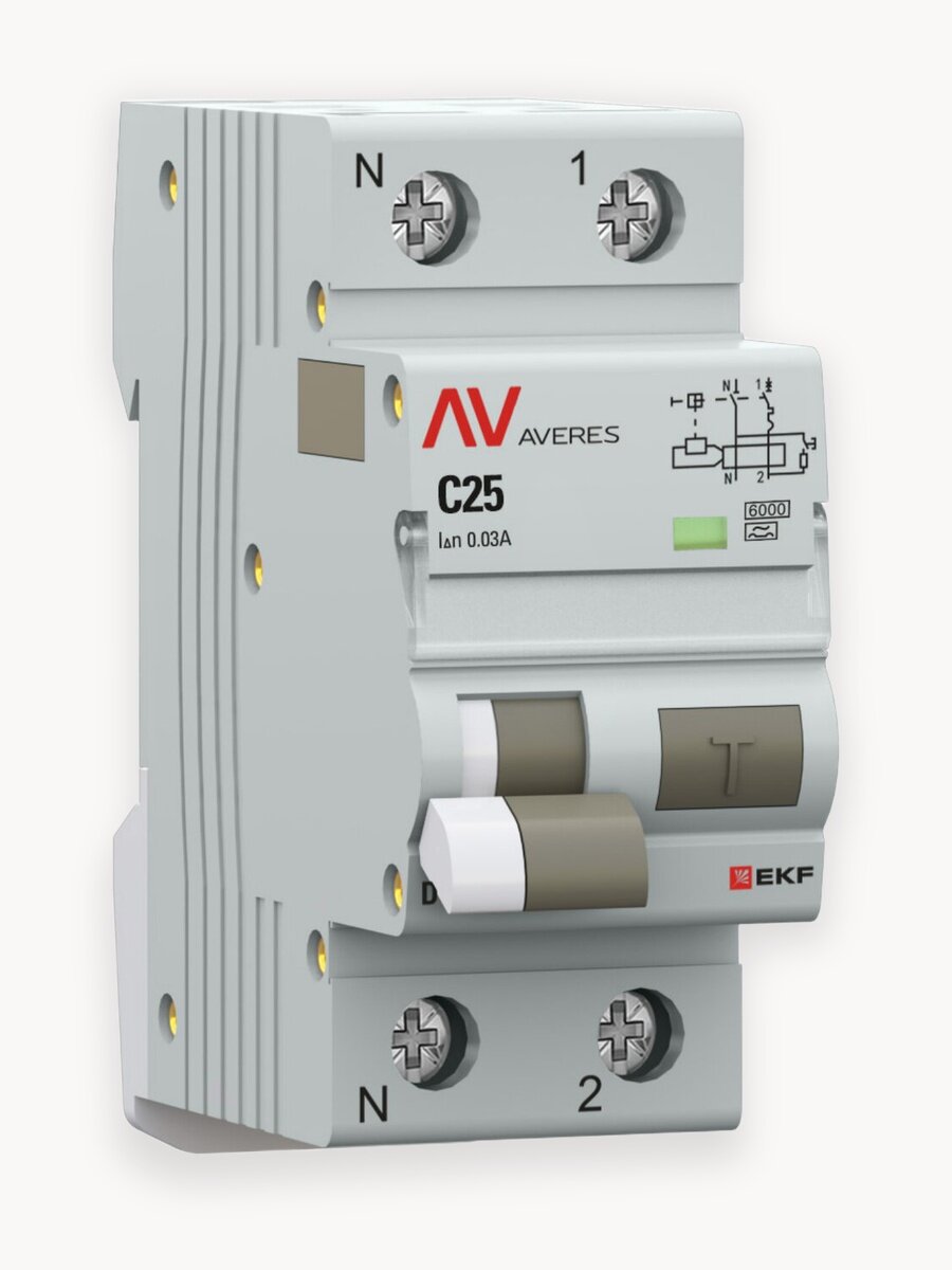 Автоматический выключатель дифференциального тока EKF AVERES DVA-6 1P+N 25А (C) 30мА (A) 6кА
