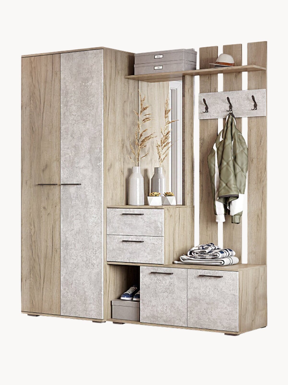 Прихожая с зеркалом Нонтон Бостон дуб крафт серый / бетонный камень 190x50x212 см