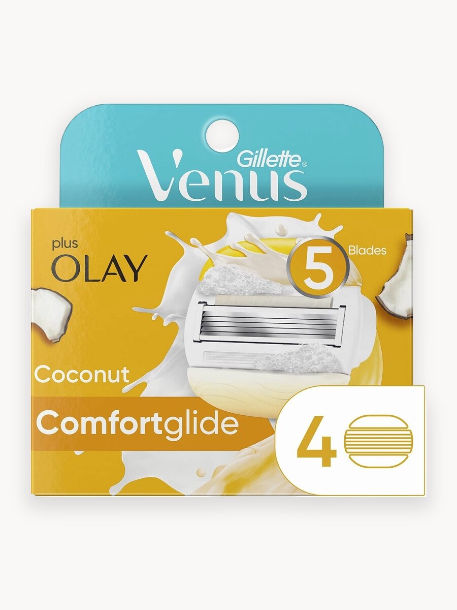 Venus ComfortGlide with Olay Сменные лезвия cо встроенными полосками с гелем для бритья, 4 шт, с 4 сменными лезвиями в комплекте