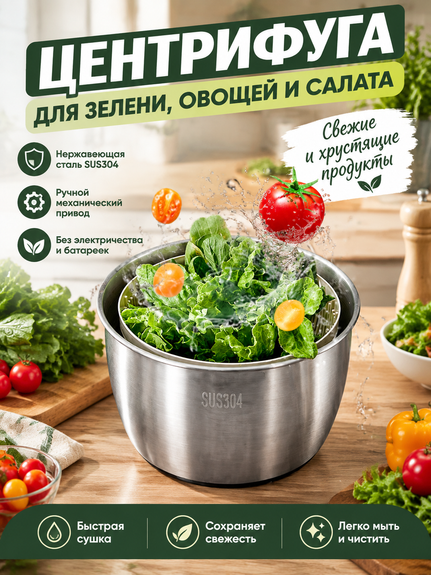 Центрифуга для салата механическая (сушилка) с чашей из нержавеющей стали, для зелени и овощей