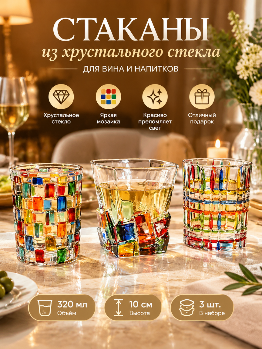 Набор стаканов из хрустального стекла (стопки) 320 мл, 3 шт, цветная мозаика, для вина