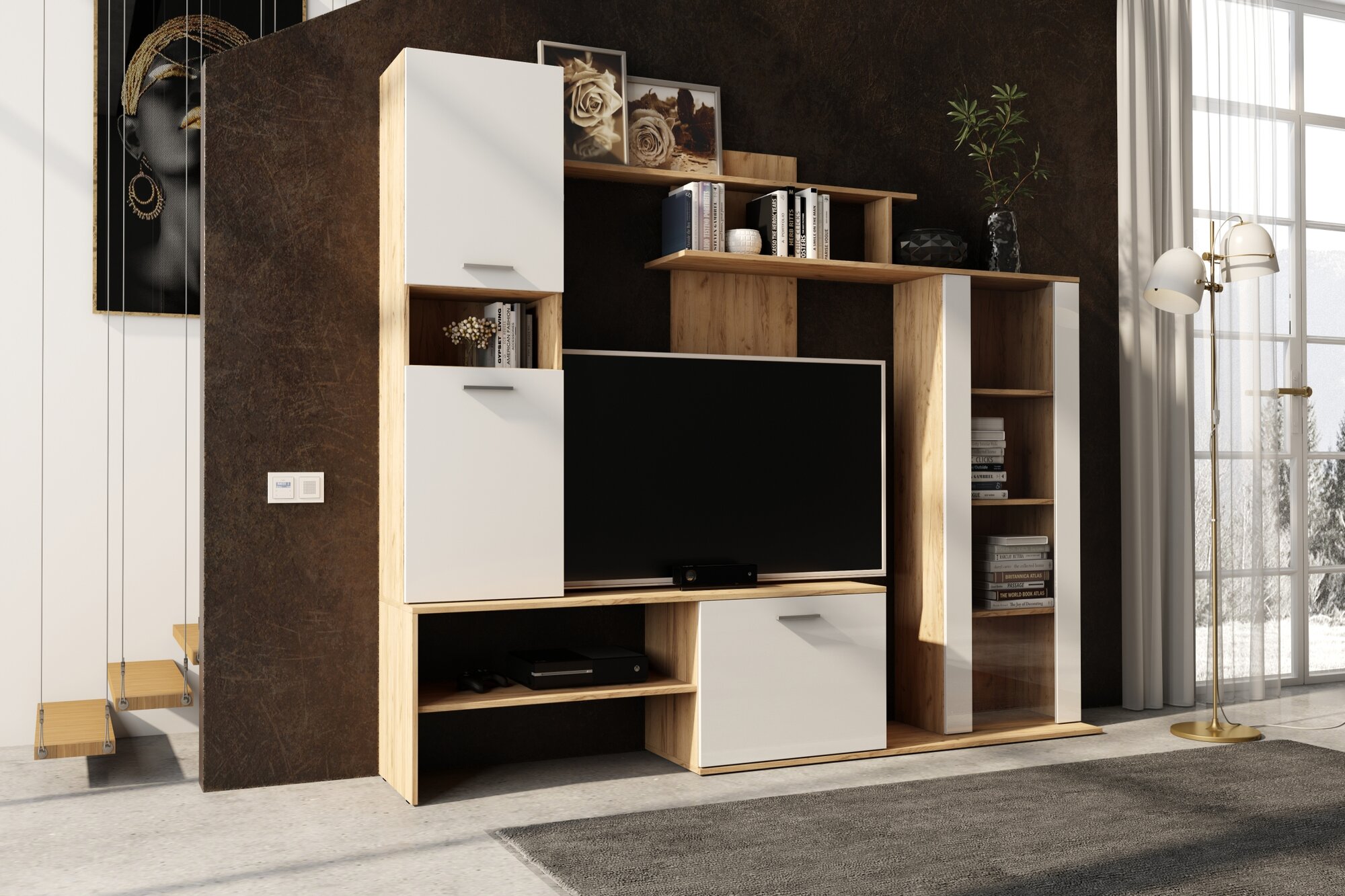 Стенка в гостиную Нонтон Данко, 230x39x186 см, дуб вотан / белый гладкий