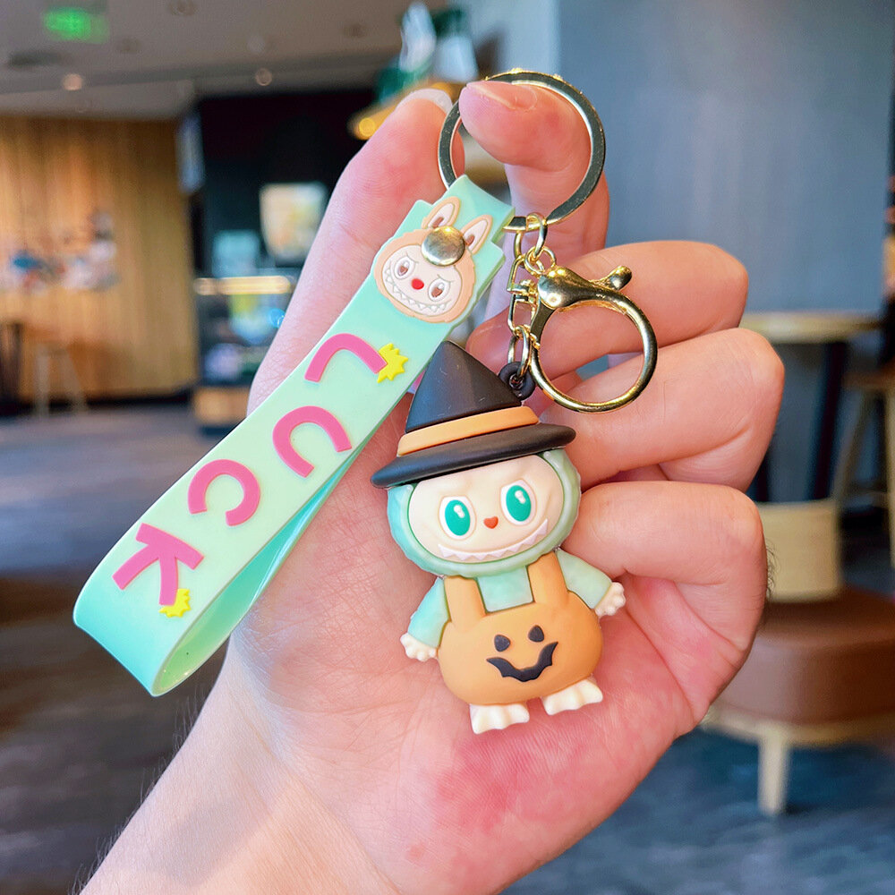 Брелок в виде овечки Лабубу, подвеска для рюкзака (для пары/студента), брелок для автомобильных ключей, черная шляпа Лабубу с торчащими зубами.