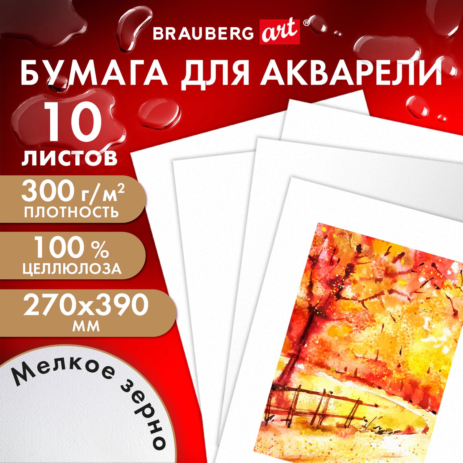Бумага для акварели 300 г, 270390 мм, мелкое зерно, 10 листов, BRAUBERG ART PREMIERE, 115334