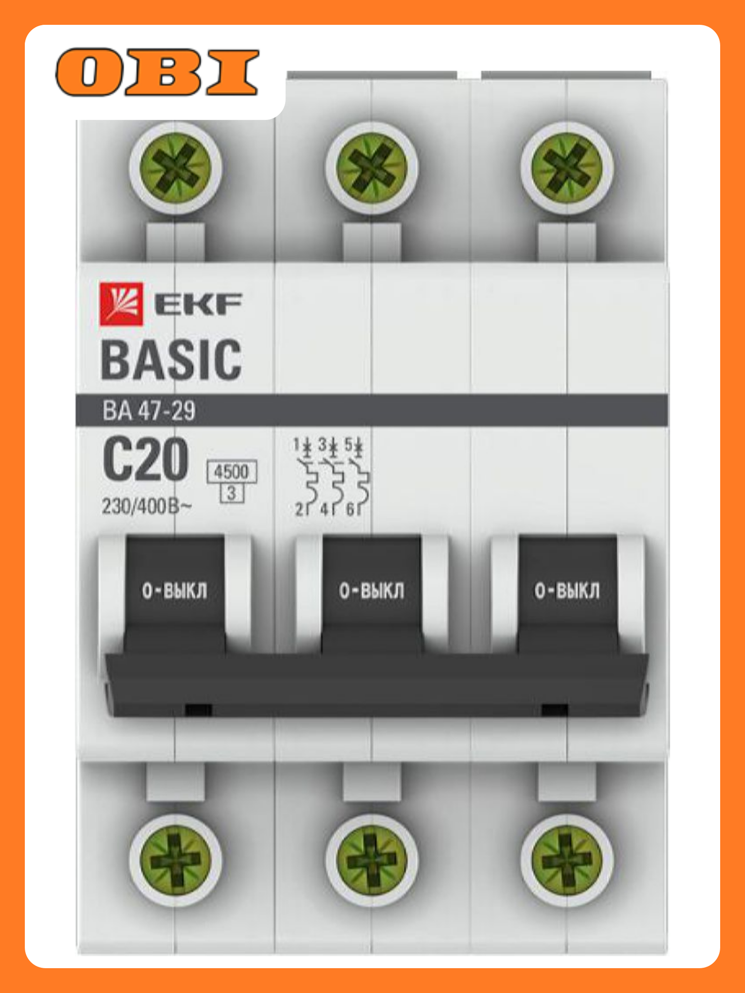 Автоматический выключатель EKF Basic ВА 47-29, 3P, C, 20А, 4,5кА