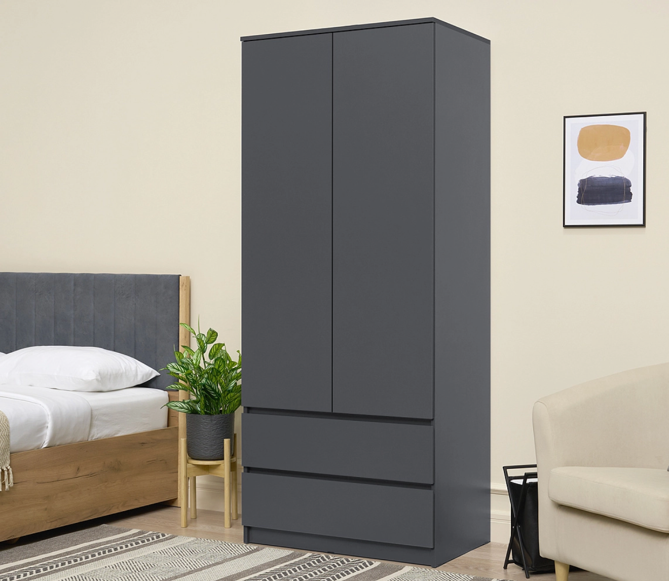 Шкаф графит, распашной, для одежды, с ящиками, полками и штангой 802х1900х514 (мм.) 2-створчатый