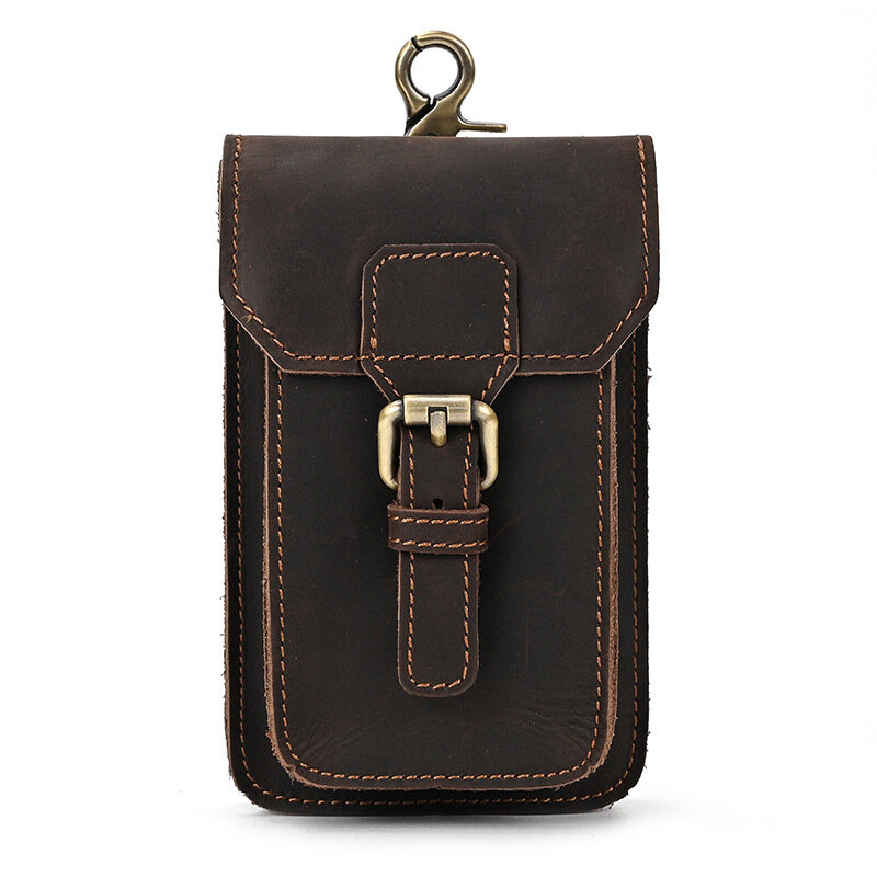 Кожаная поясная сумка Crazy Horse для мобильного телефона Носимый ремень Черный Коричневый Douyin Популярная поясная сумка с крючком Поясная сумка из натуральной кожи через границу, false