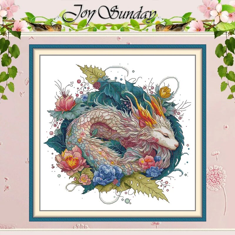 Набор для вышивки крестом Joy Sunday Дракон среди цветов 14CT HD printed