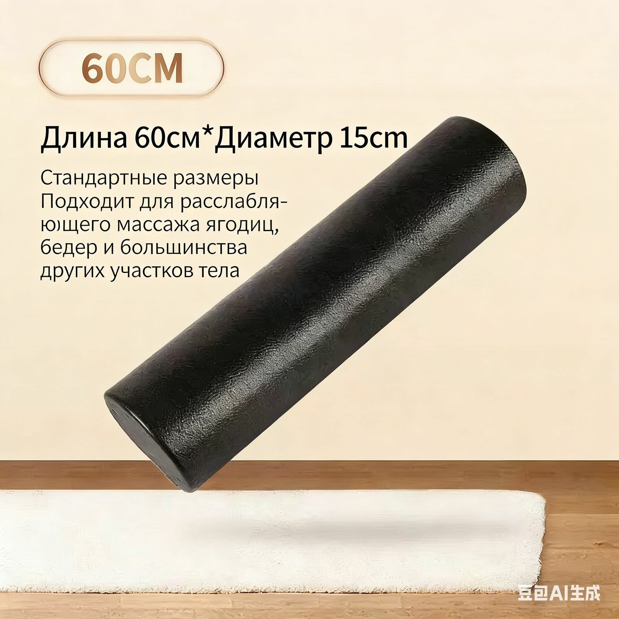 Ролик массажный 60 см х 15 см FOAM, черный, валик спортивный для спины, ролл для фитнеса и МФР, йоги и пилатеса