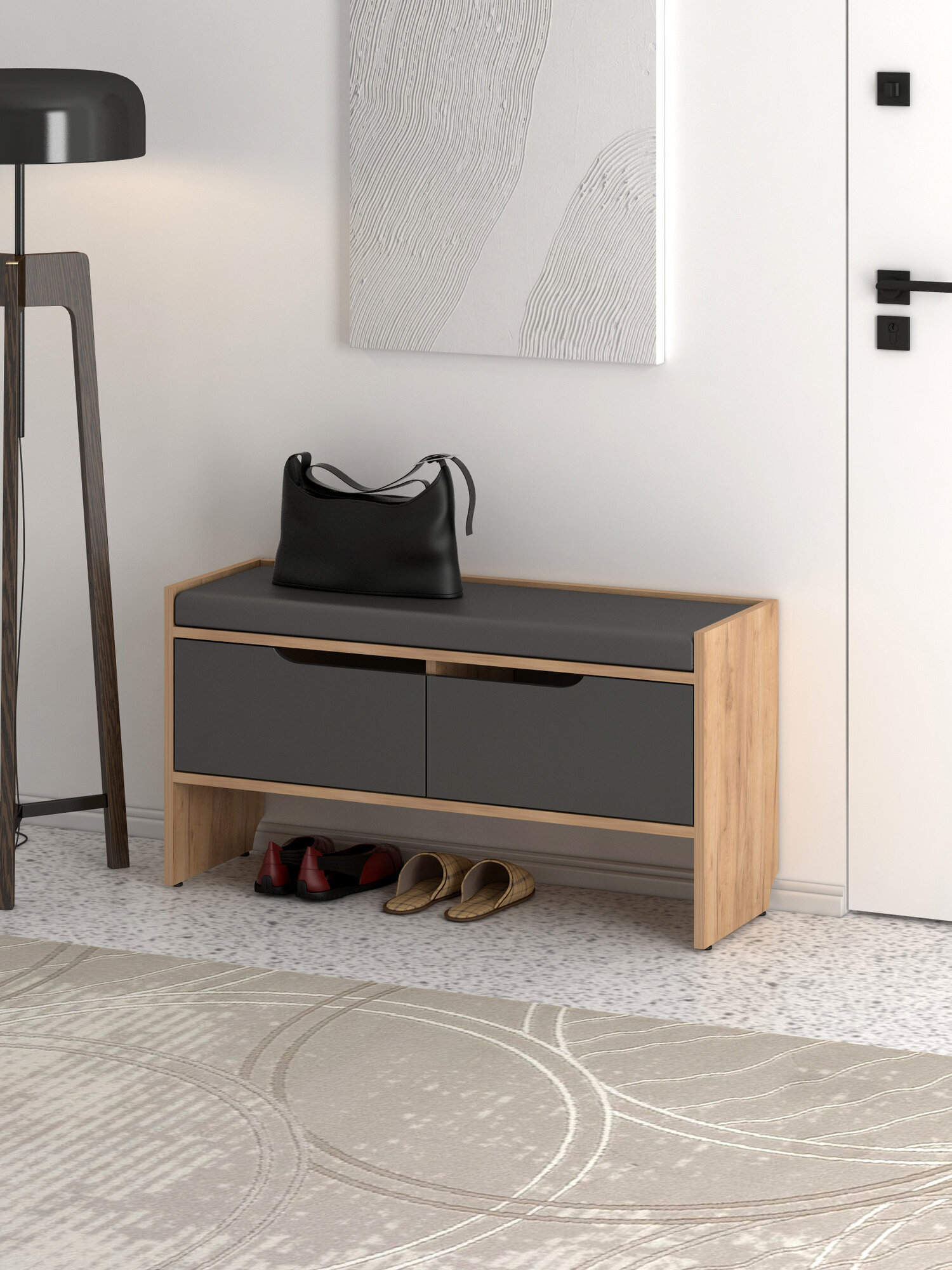 Обувница с сиденьем в прихожую, 90см, крафт золотой/графит