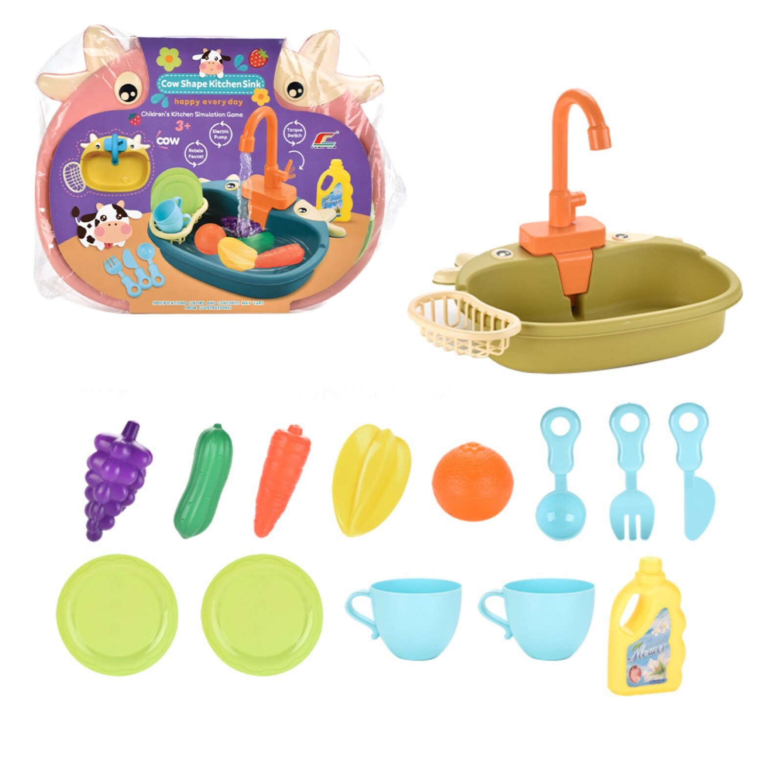 Электрическая циркуляционная водяная раковина для мойки стола, интерактивная игрушка для игры в домик, 16-компонентный набор, цвет как показано, материал ABS, размер приблизительно 32 x 28 x 27 см / 12.60 x 11.02 x 10.63 дюйма