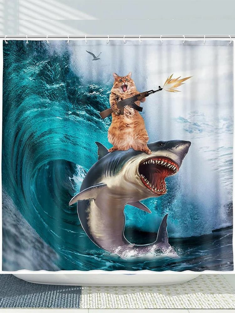 Занавеска для душа Brave cat верхом на акуле, занавеска для душа с акулой, перегородка для ванны, водонепроницаемая и защищенная от плесени, с крючком