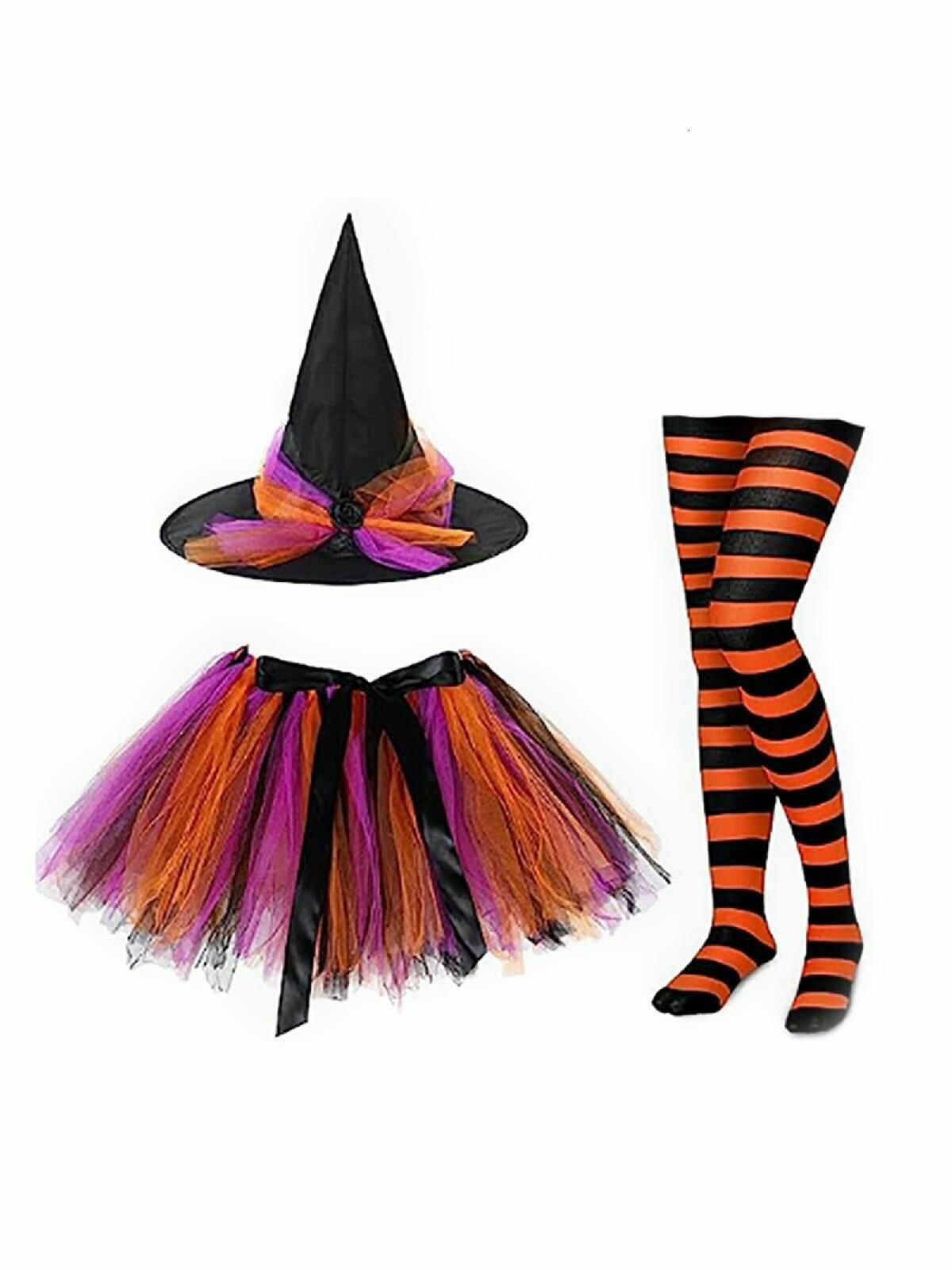 Костюм ведьмы для Хэллоуина, остроконечная шляпа волшебника, полосатые чулки, юбка-пачка, набор для рождественской вечеринки, S01 - Children S