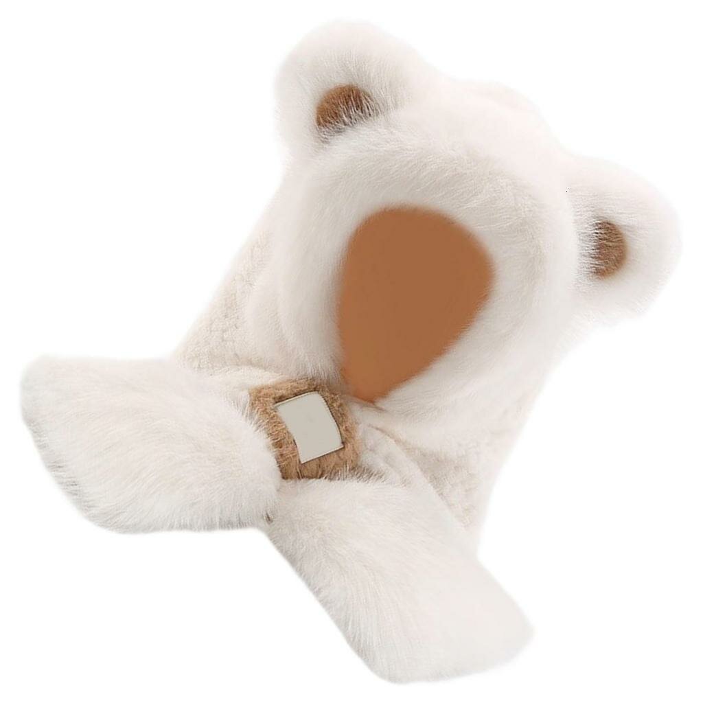 Шапка-ушанка с ушами медведя, пледовый шарф, Белый