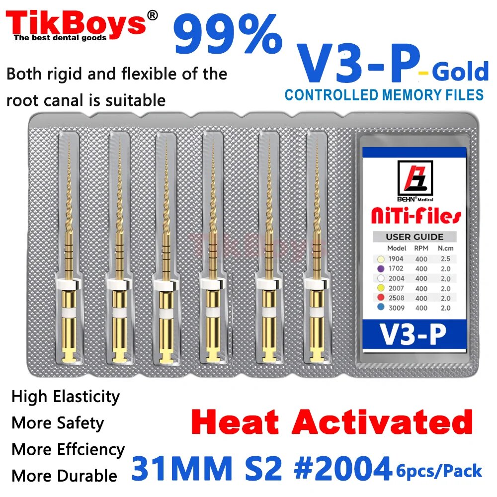 Стоматологические файлы TikBoys V3-P Gold 6 шт. 31MM S2