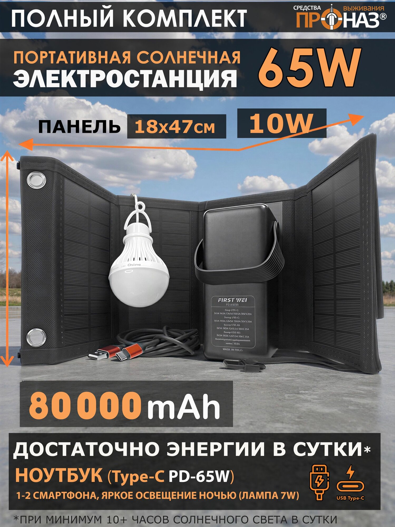 Солнечная электростанция Мини ПроНАЗ Э-65Вт /5В/ Полный комплект / Солнечная панель 10W / Накопитель энергии блок управления + 1 лампа
