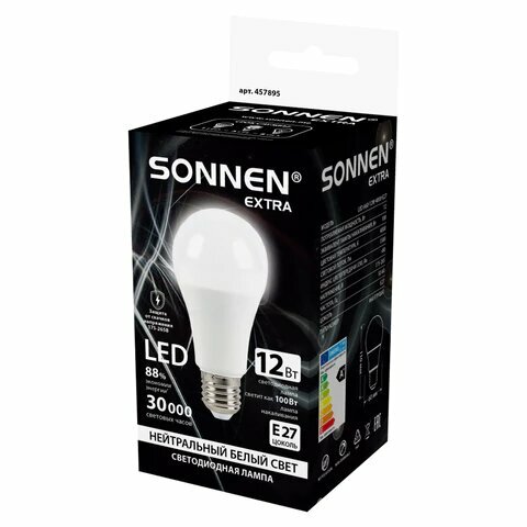 Лампа светодиодная SONNEN EXTRA, 12 (100) Вт, Е27, груша, нейтральный белый, 30000 ч, LED A60-12W-4000-Е27, 457895