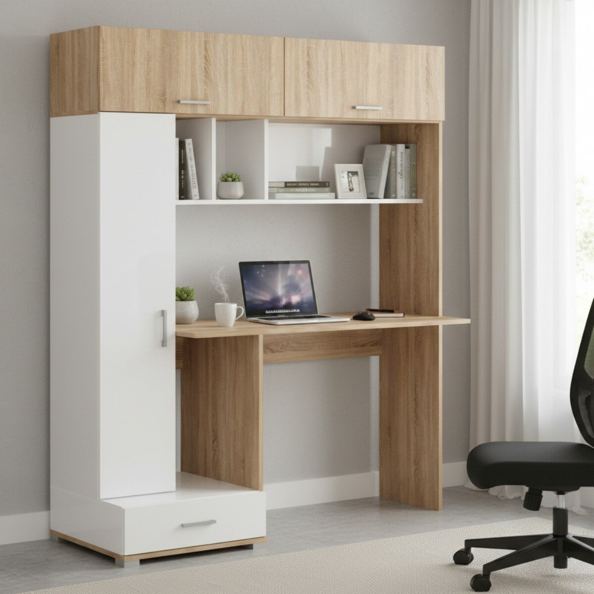 Компьютерный стол Памир ПКС-1, ЛДСП, Дуб Сонома/Белый глянец, Ширина 1500 мм х Высота 1800 мм х Глубина 570 мм.