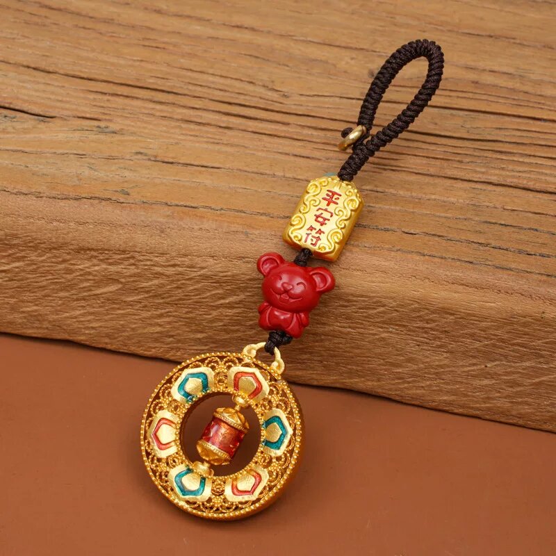 Позолоченный медный брелок для ключей с подвеской-талисманом из киновари в виде знака зодиака, эмалированный