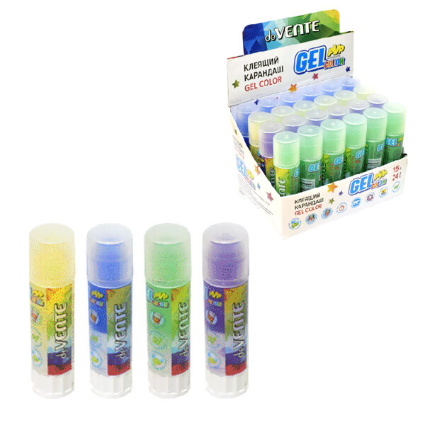 Клей-карандаш deVente "Color Gel", 15гр, основа PVP, гелевый, цвет корпуса ассорти, 24 шт
