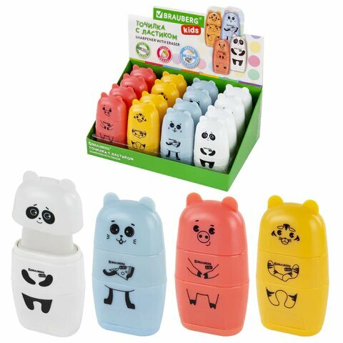 Точилка с ластиком 2 в 1 BRAUBERG KIDS "Зверушки", 2 отверстия, дизайн ассорти, 271989
