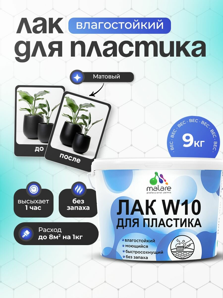 Лак для защиты пластика Malare акриловый моющийся быстросохнущий, матовый, 9 кг