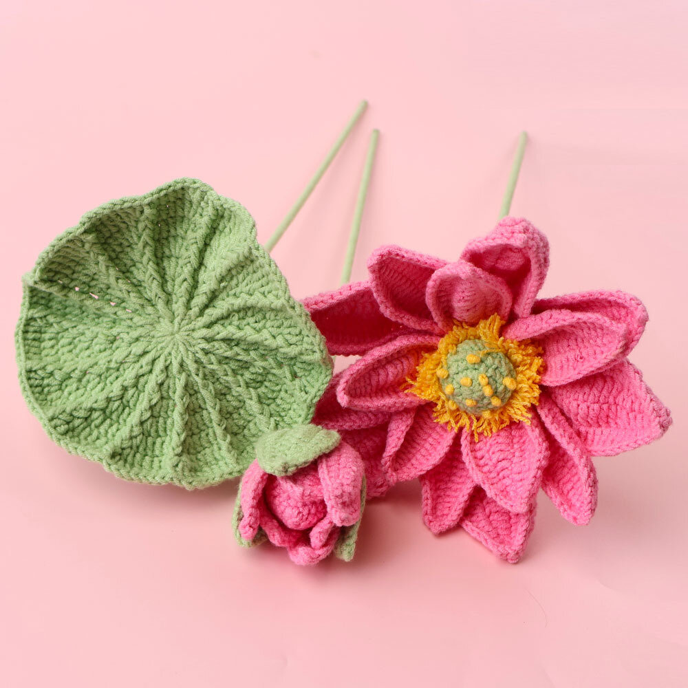 Ручная работа, вязаный искусственный бутон лотоса, букет из листьев лотоса, готовая пряжа, вязаный подарок на праздник, ваза, цветочная композиция, украшение