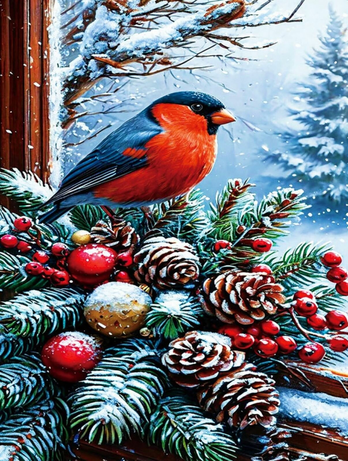 Алмазная мозаика на подрамнике 30 на 40 "Снегирь"