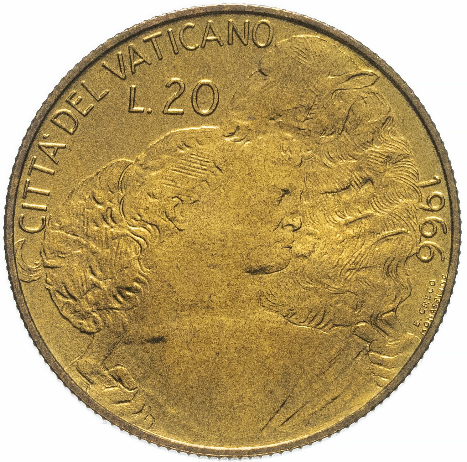 Ватикан 20 лир lire 1966, Бронза, в сохранности UNC