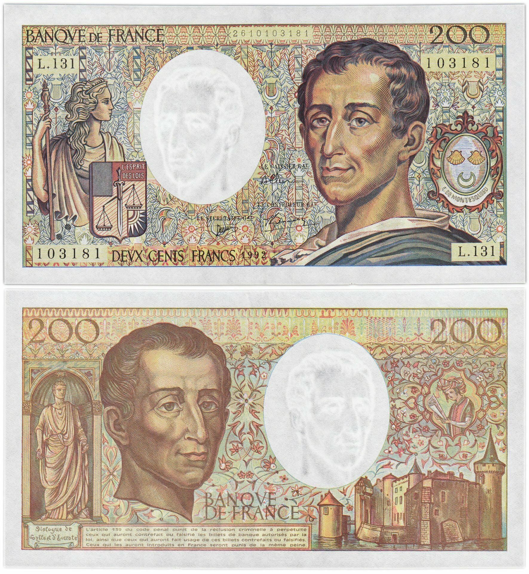 Франция 200 франков 1992 Montesquieu, барон де Монтескьё Pick 155