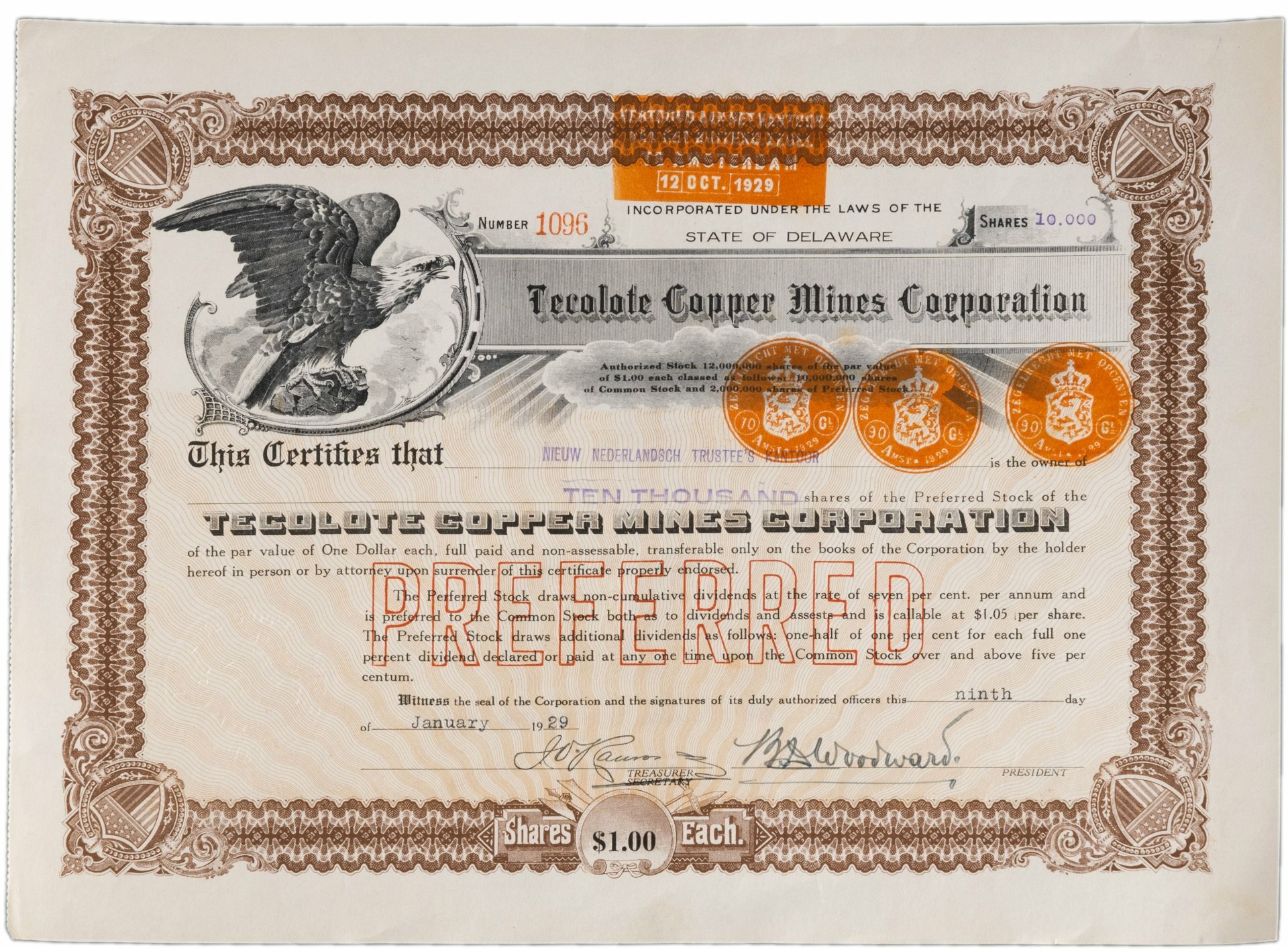 Акция США TECOLOTE COPPER CORPORATION 1929