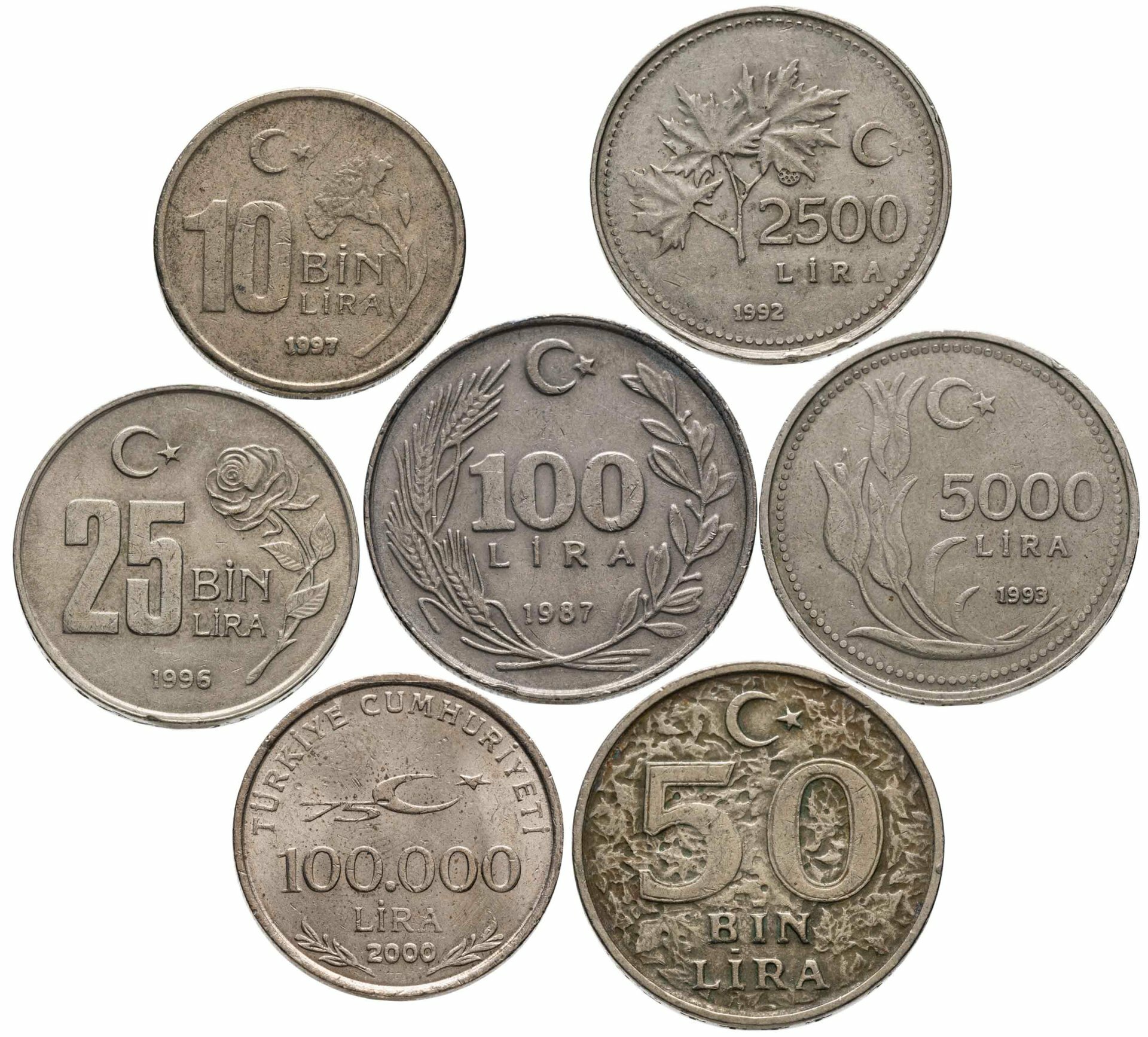 Турция - набор монет для обращения 1984-2000 7 штук, Никелевая латунь, МНЦ, в сохранности VF-XF