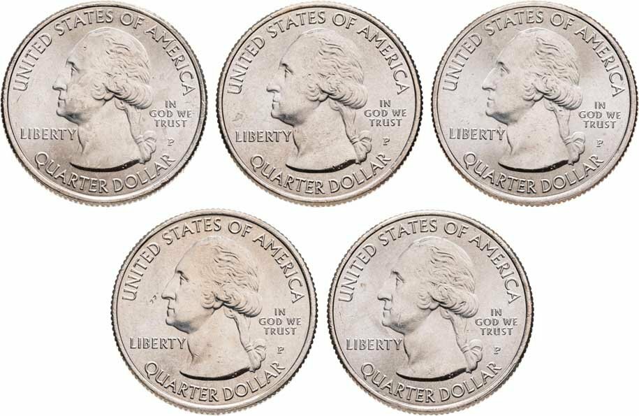 США набор из 5 монет 25 центов квотер, 1/4 доллара, quarter dollar 2016 Двор P, Медь 900, в сохранности UNC