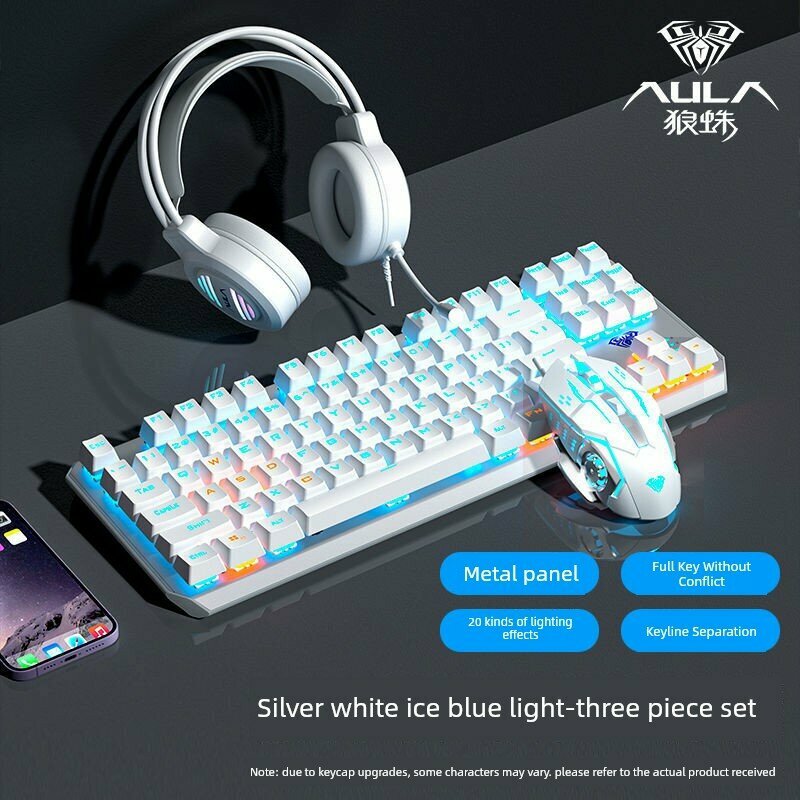 Механическая клавиатура мышь и наушники с переключателем Cherry MX Brown Switch F3087 Светящаяся синяя подсветка