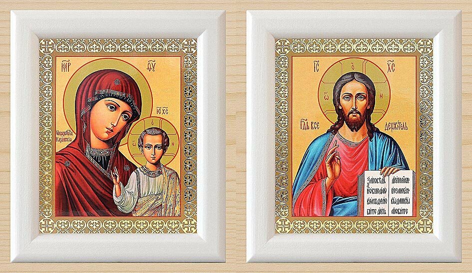 Венчальная пара "Спаситель-Казанская" (лики № 128-129), две иконы в белых деревянных рамках 12,5*14,5 см