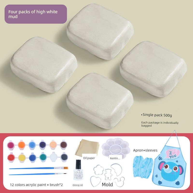 Набор для лепки из белой глины DIY 2кг с красками, палитрой, лаком, 5 формами, фартуком, пергаментной бумагой для