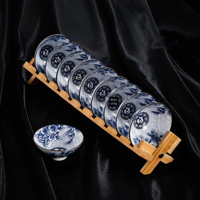 Сине-белые конические чашки для кунг-фу чая, набор из 10 штук с подставкой, маленькие чайные чашки, чайные чашки для