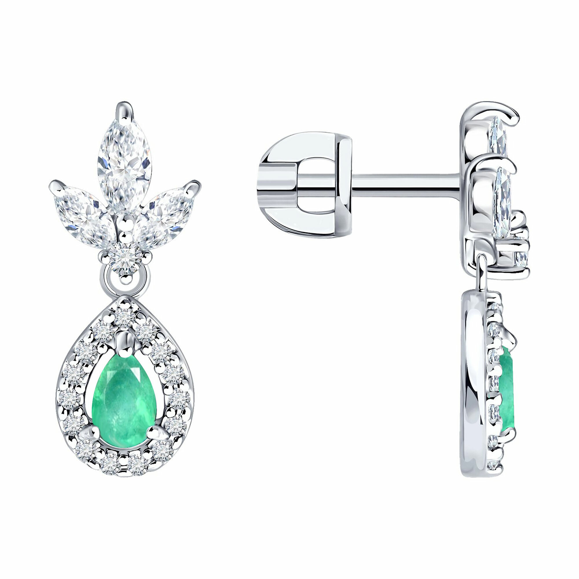 Серьги, серебро, 925 проба, родирование, изумруд, фианит