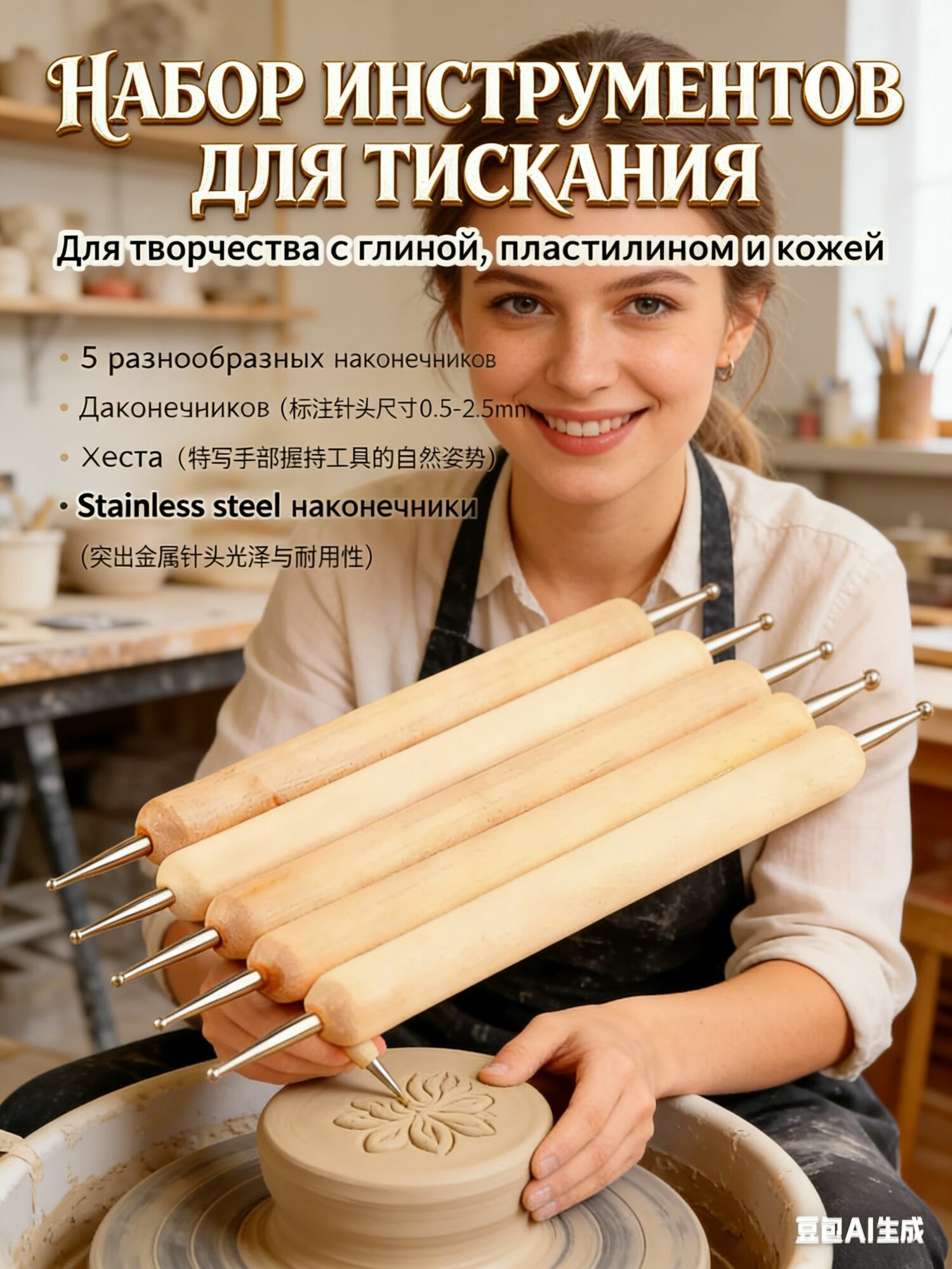Набор кардин (5шт в комплекте), стилусы для тиснения по коже/Набор для творчества