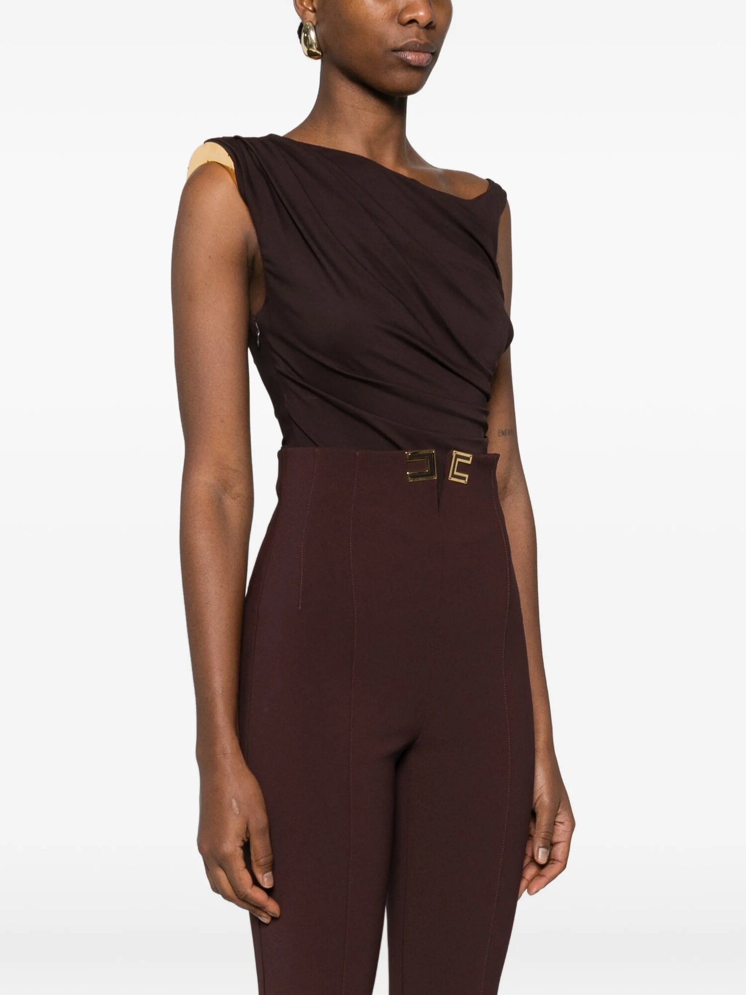 Боди бельевое Elisabetta Franchi Draped one-shoulder bodysuit, размер 40, коричневый — фото 1