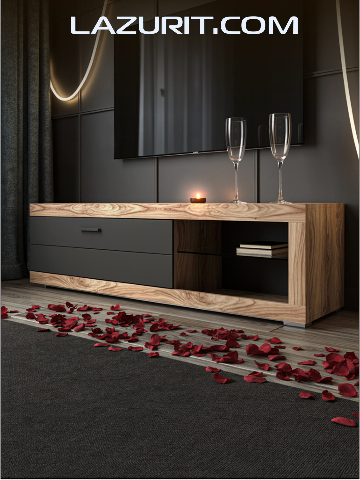 Тумба под телевизор напольная Lazurit REMO 160 под тв длинная с ящиком и полкой 162х42х44 см яблоня беллуно черный софт