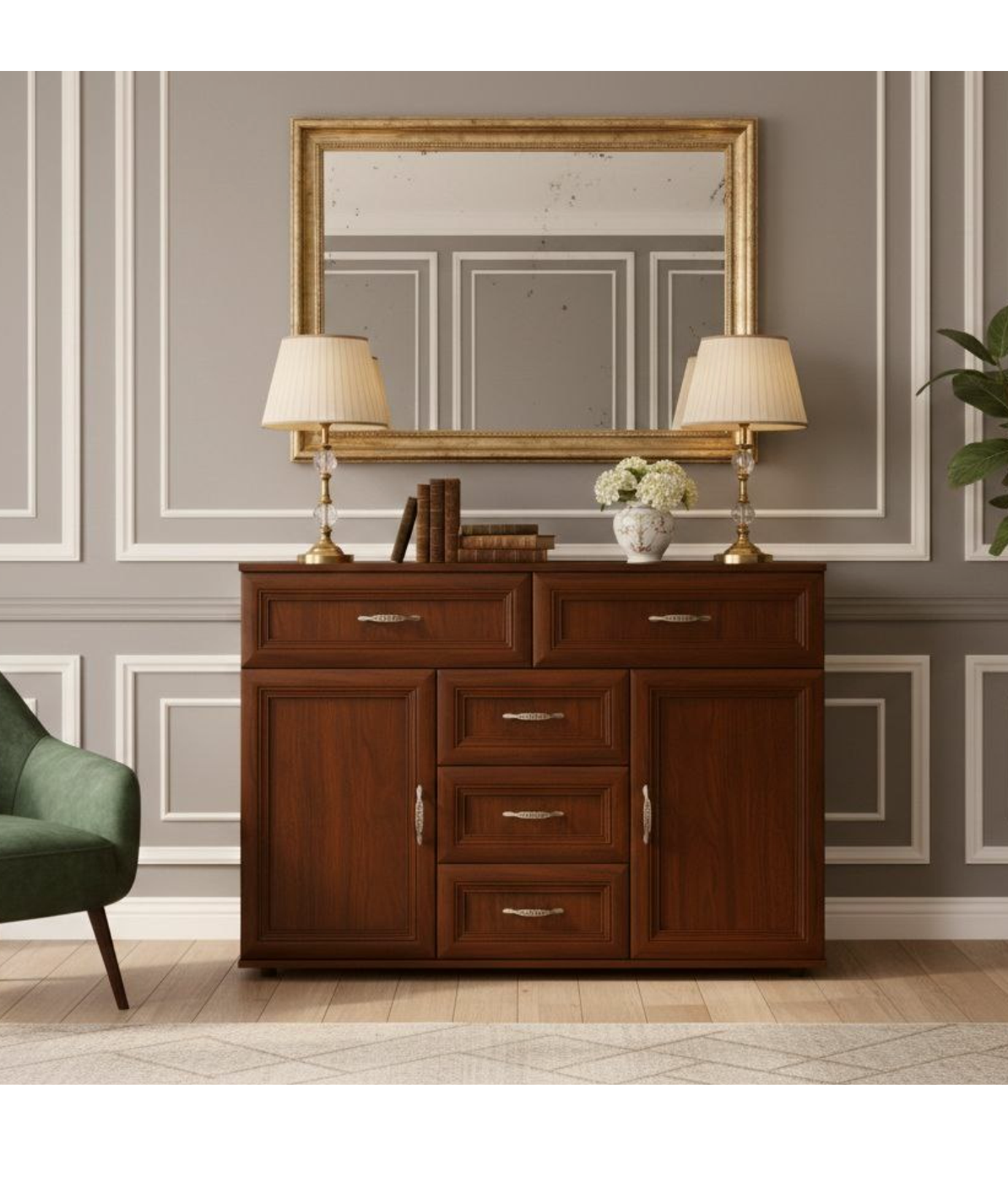 Комод 66 классический стиль с дверцей и ящиками Мартин 120х45х87 см, рамочные фасады МДФ, итальянский орех